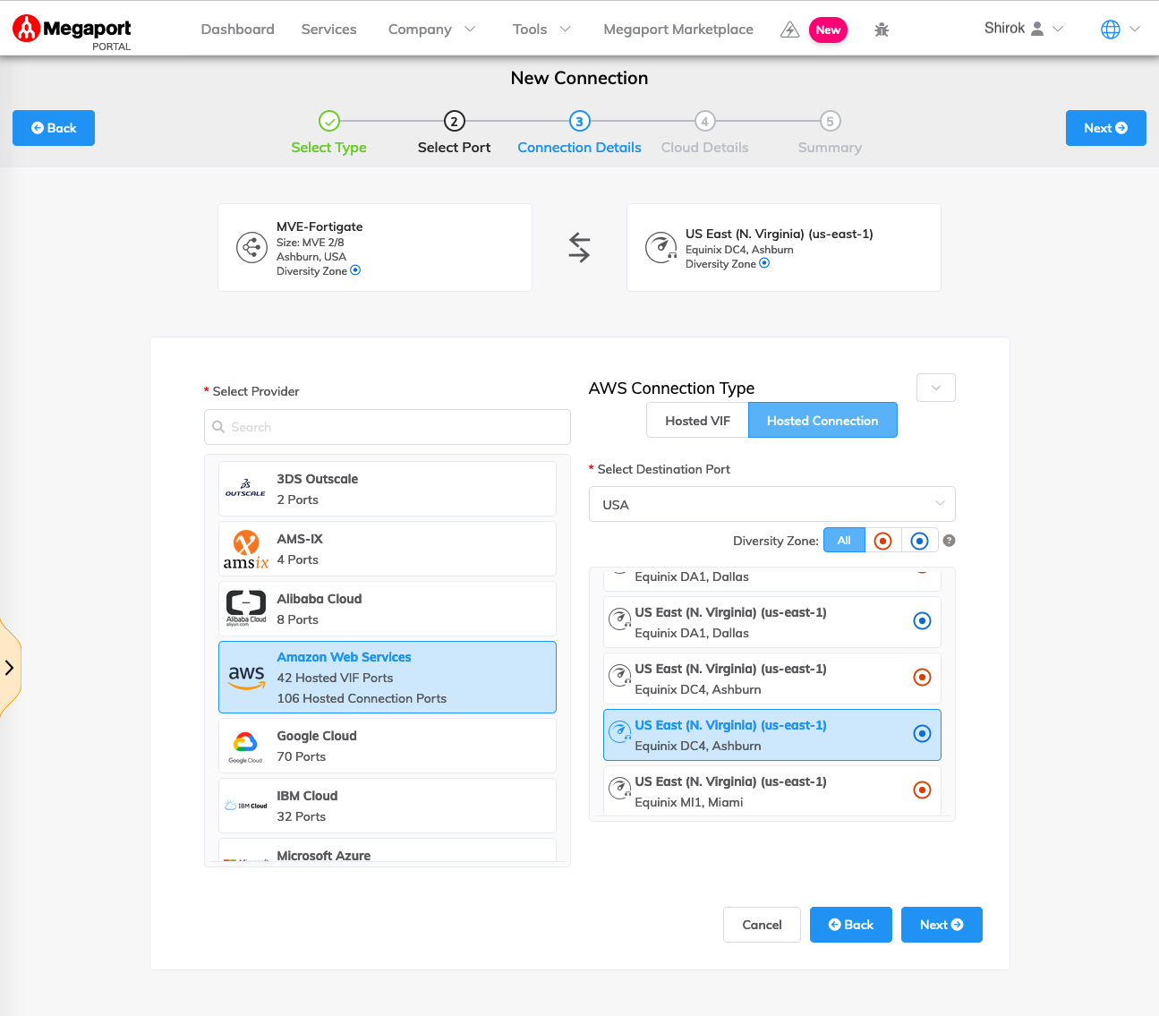 Fortinet SD-WAN を使用した Megaport Virtual Edge (MVE) で AWS と Oracle Cloud ...