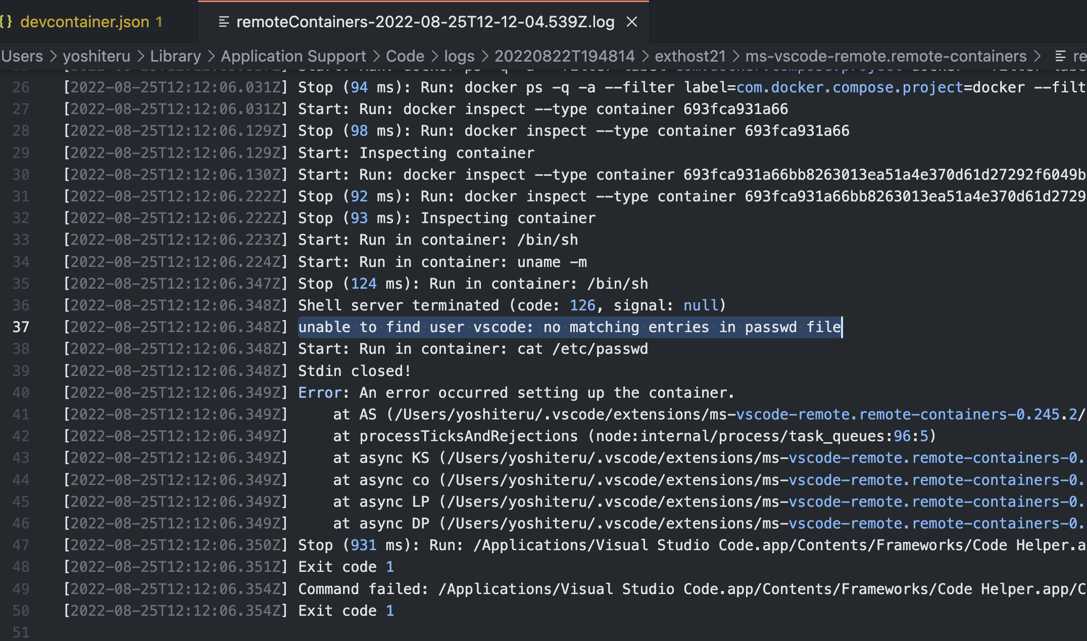 Unable To Find User Vscode No Matching Entries In Passwd File Docker Qiita 