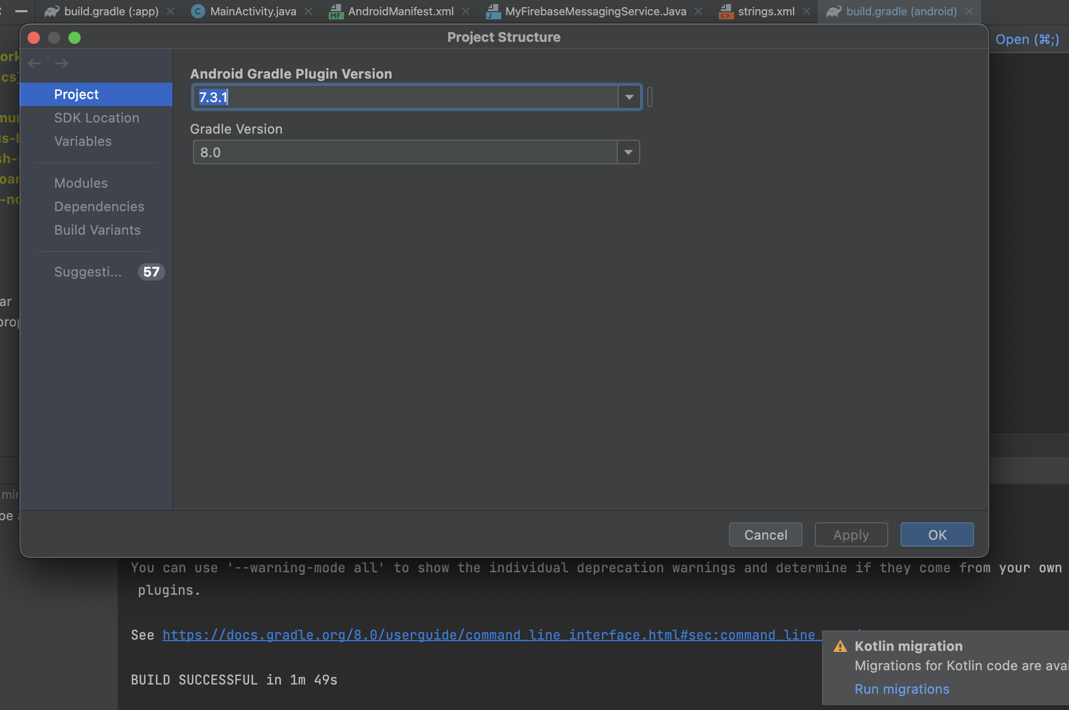 The project is using an incompatible version (AGP 8.0.0) of the Android ...