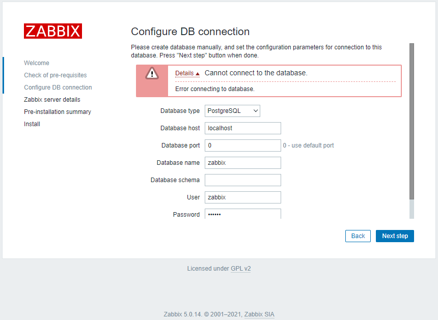 zabbix 5.0 初回セットアップ時に「Cannot connect to the database. Error connecting to database.」というエラーが出て進め ...