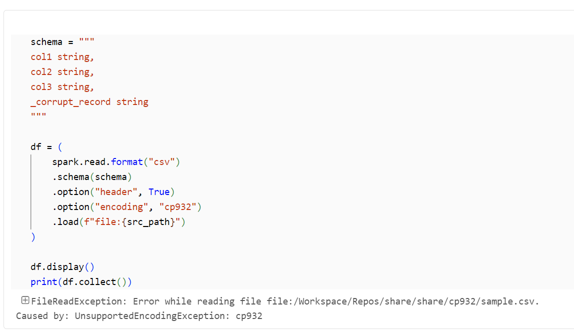 Databricks (Spark) にてデータフレーム作成時の UnsupportedEncodingException cp932 への対応方法 #Python - Qiita