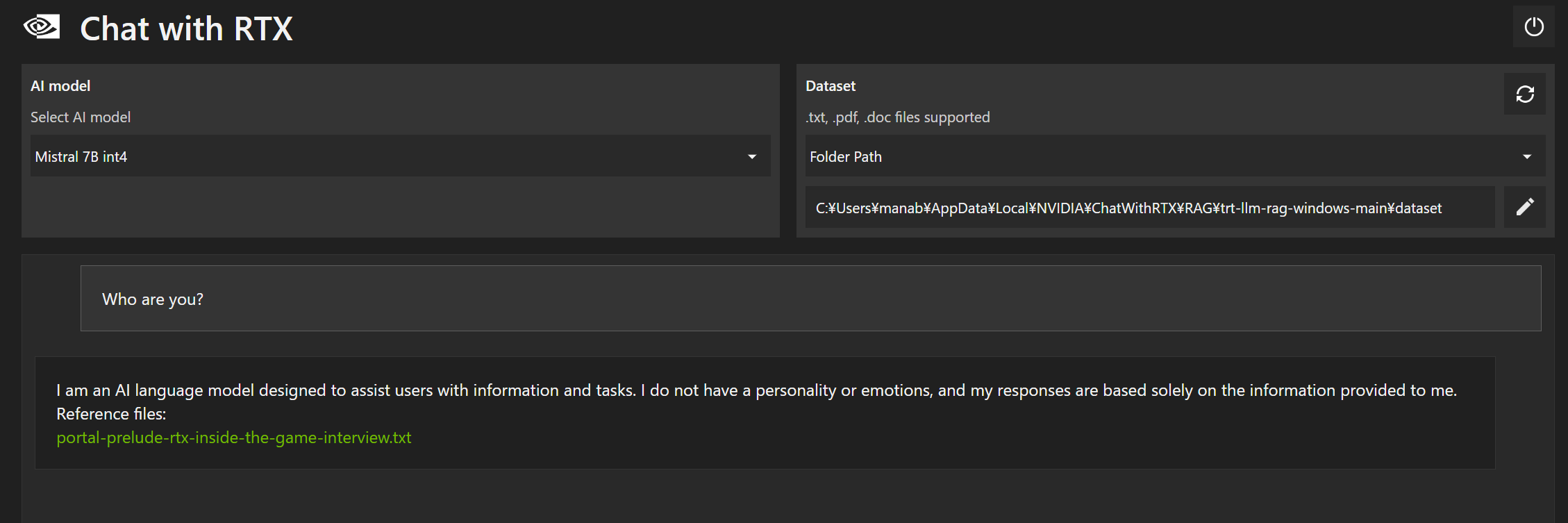 ローカル PC 上で動作する AI チャット（NVIDIA Chat With RTX）をインストールして遊んでみた #Python - Qiita