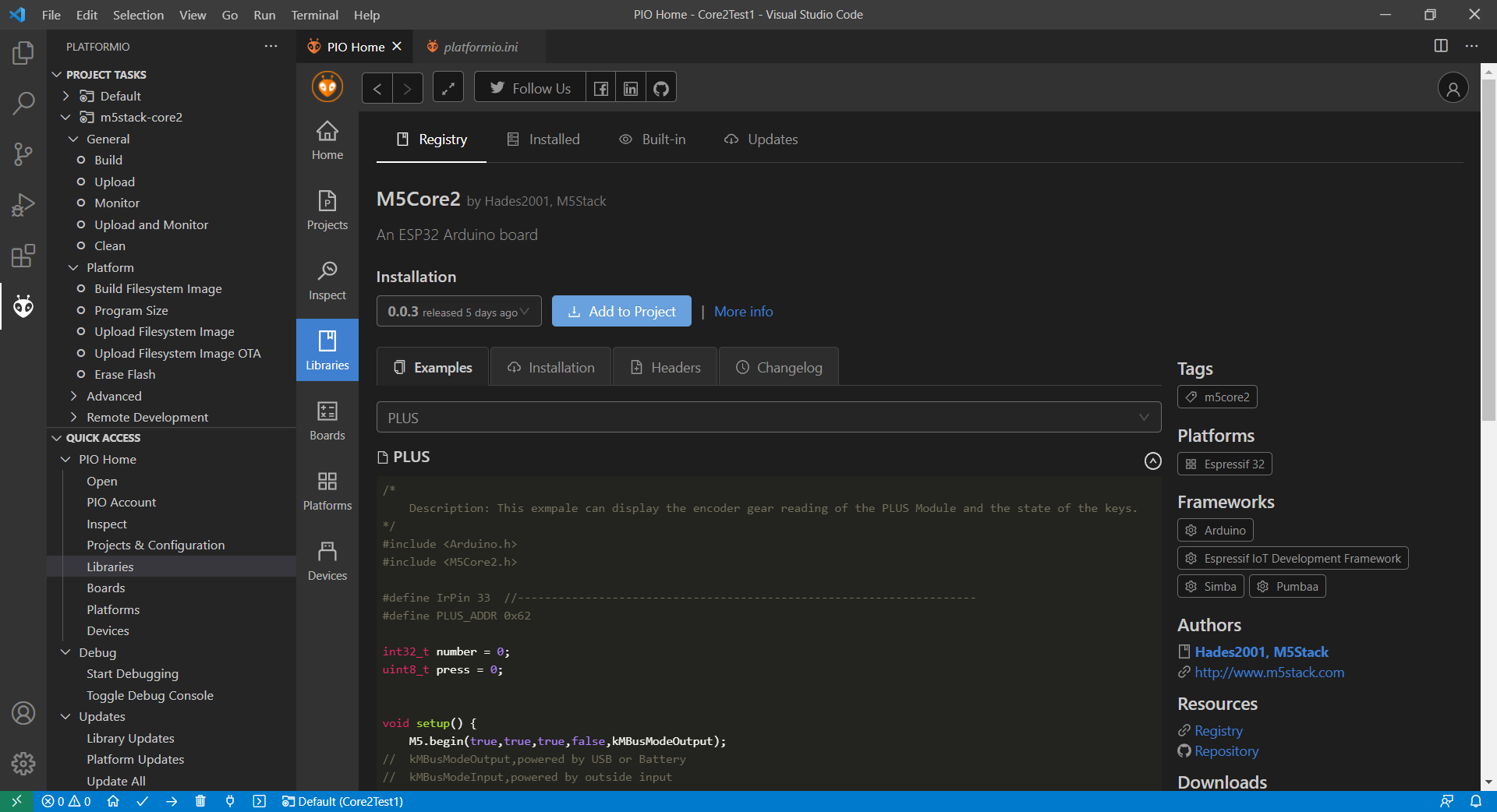 VSCodeとPlatformIOでM5Stack Core2開発 #M5stack - Qiita