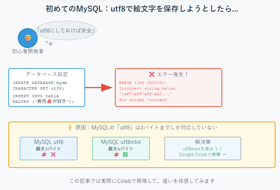 MySQLで🍣が保存できない？utf8とutf8mb4の違いを実験 #Python - Qiita