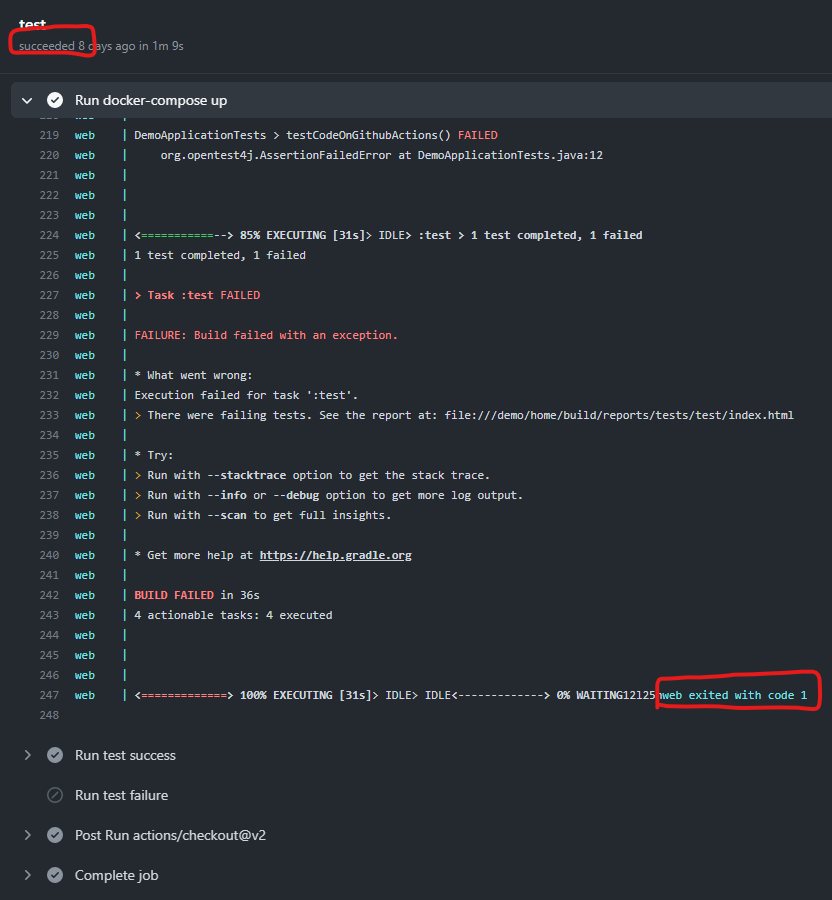 ドッカ―コンテナが「exit code 1」のとき、GitHub Actionsのステップが終わらなかった件について #GitHubActions - Qiita