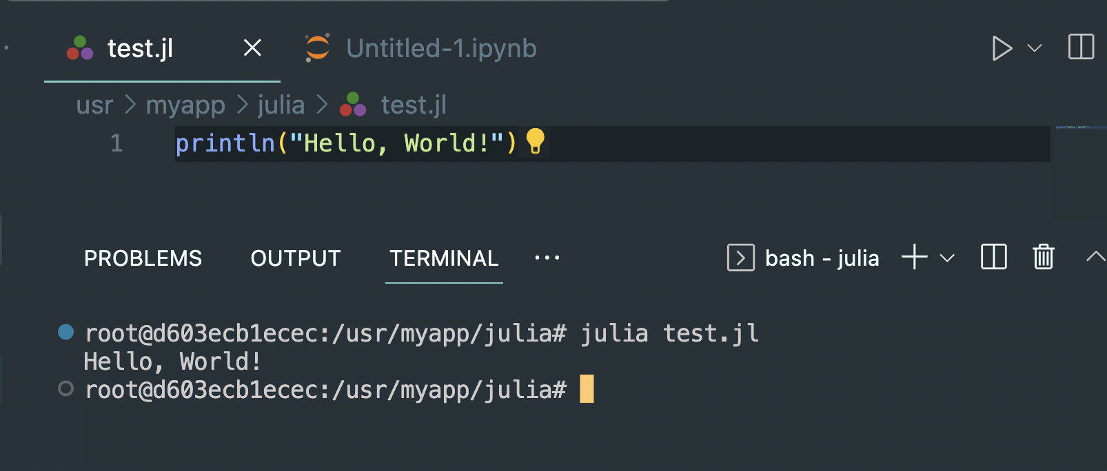 Dockerイメージを使って JuliaでHello,worldする #VSCode - Qiita