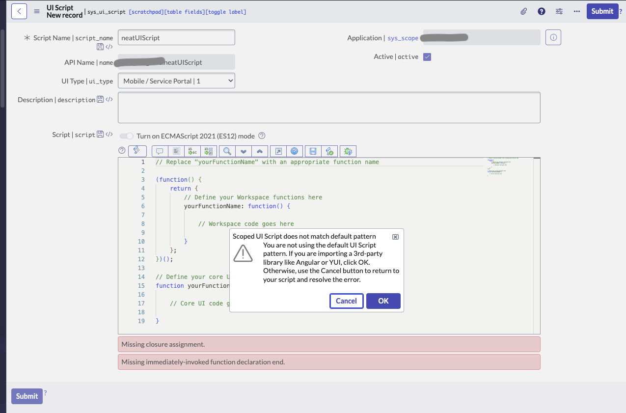 Scoped AppのUI Scriptが保存できない #ServiceNow - Qiita