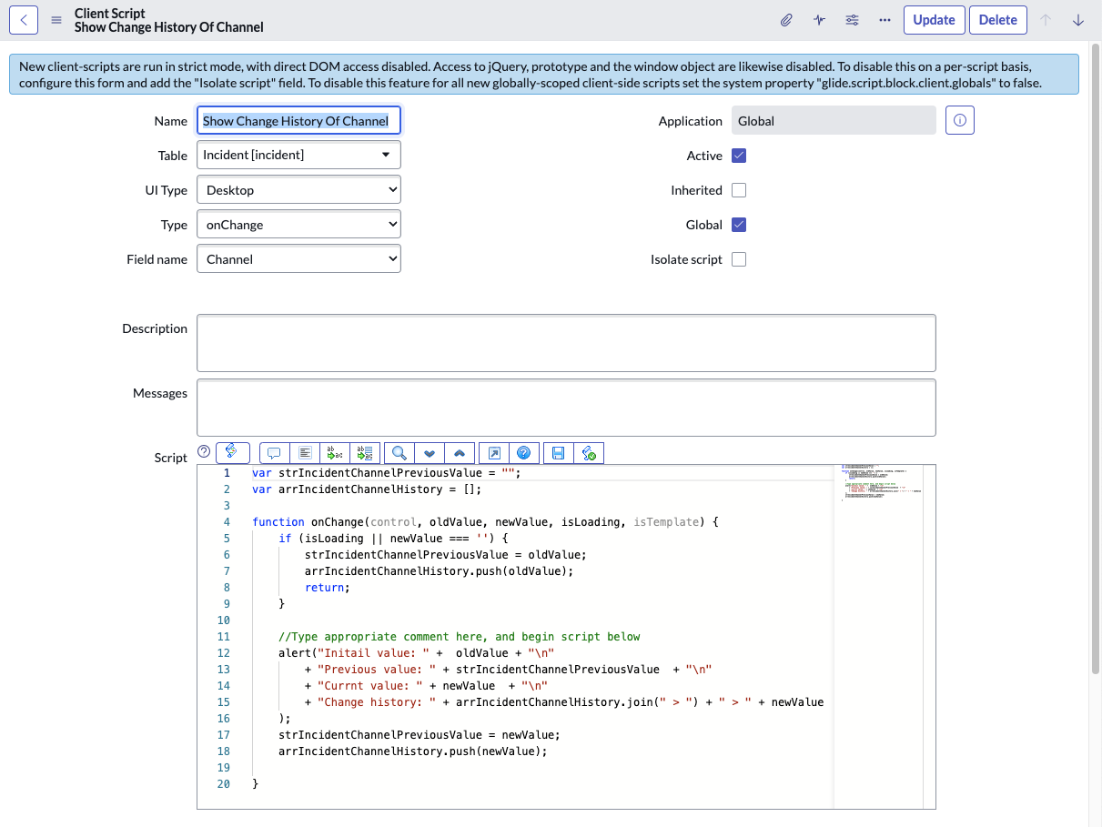 [ServiceNow] Client ScriptのonChangeイベントで変更直前の値を取得する #onchange - Qiita