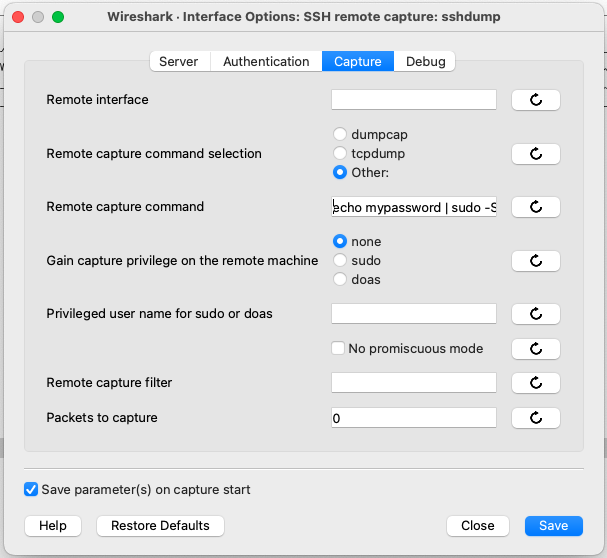 [sshdump] Remote capture command で sudo -S するときは Remote capture command ...