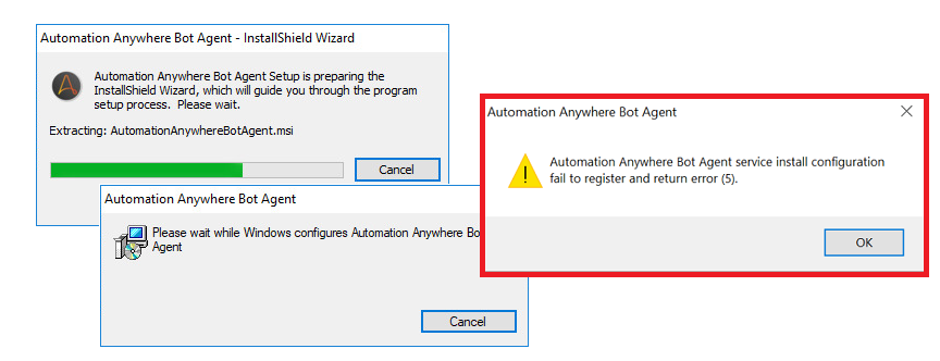 A2019 Bot Agent インストール中に "Automation Anywhere Bot Agent service install configuration fail to ...