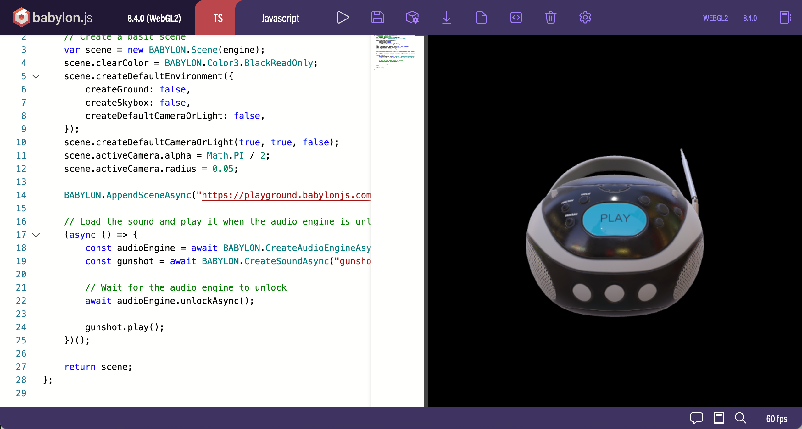 Babylon.js の「Playing Sounds and Music」のサンプルを 2つほど見てみる #JavaScript - Qiita
