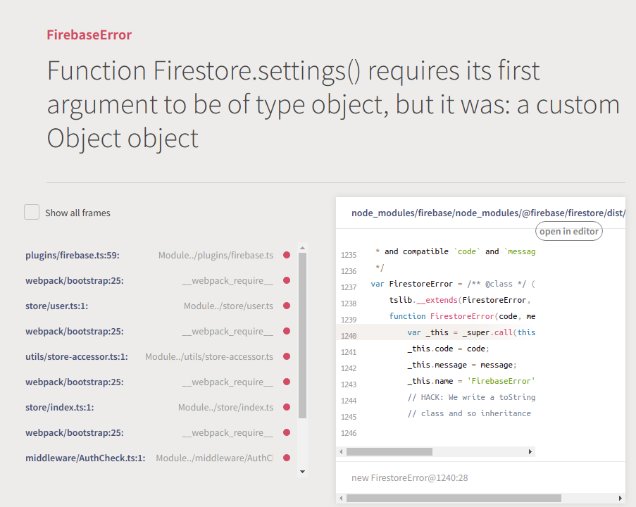 NuxtからFirestoreエミュレータを使おうとしたらエラー：Function Firestore.settings() requires its first argument to be ...