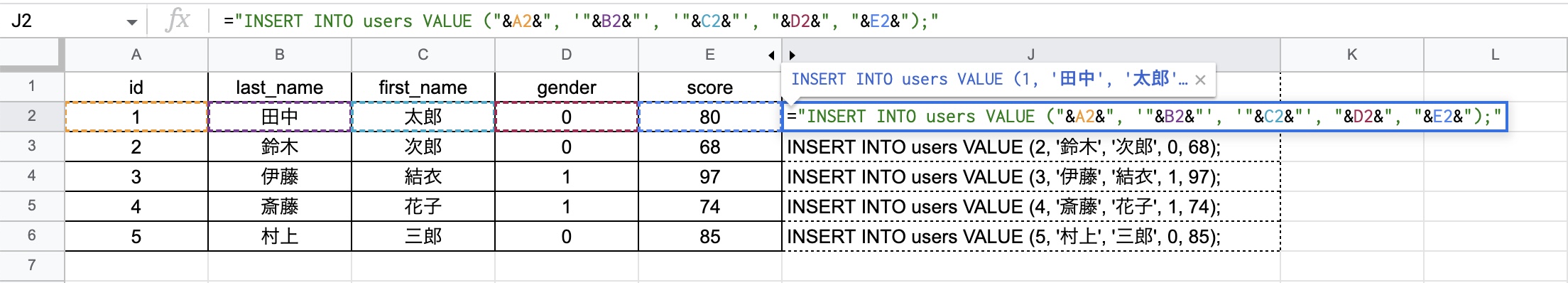 スプレッドシートを用いてSQLを作る #MySQL - Qiita